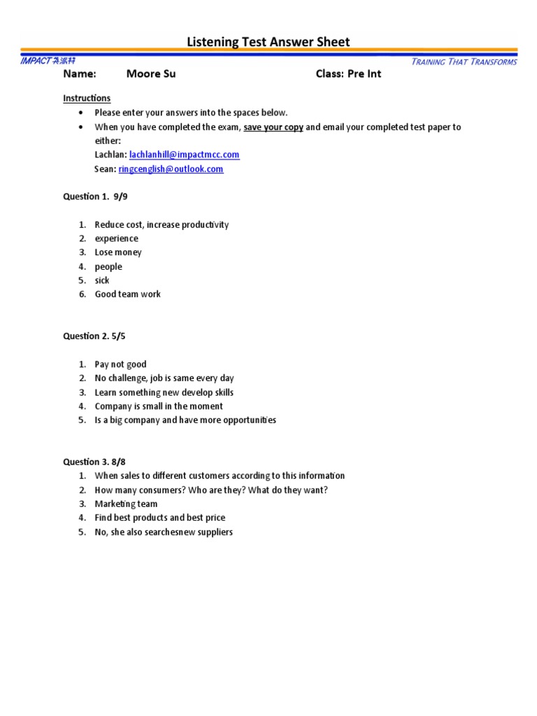 Listening Test Answer Sheet - Moore | PDF