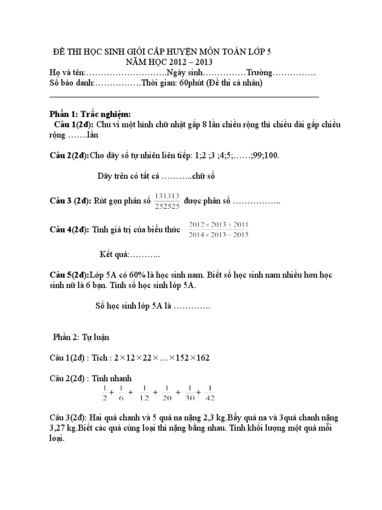 De Thi Hoc Sinh Gioi Cap Huyen Mon Toan Lop 5 | PDF