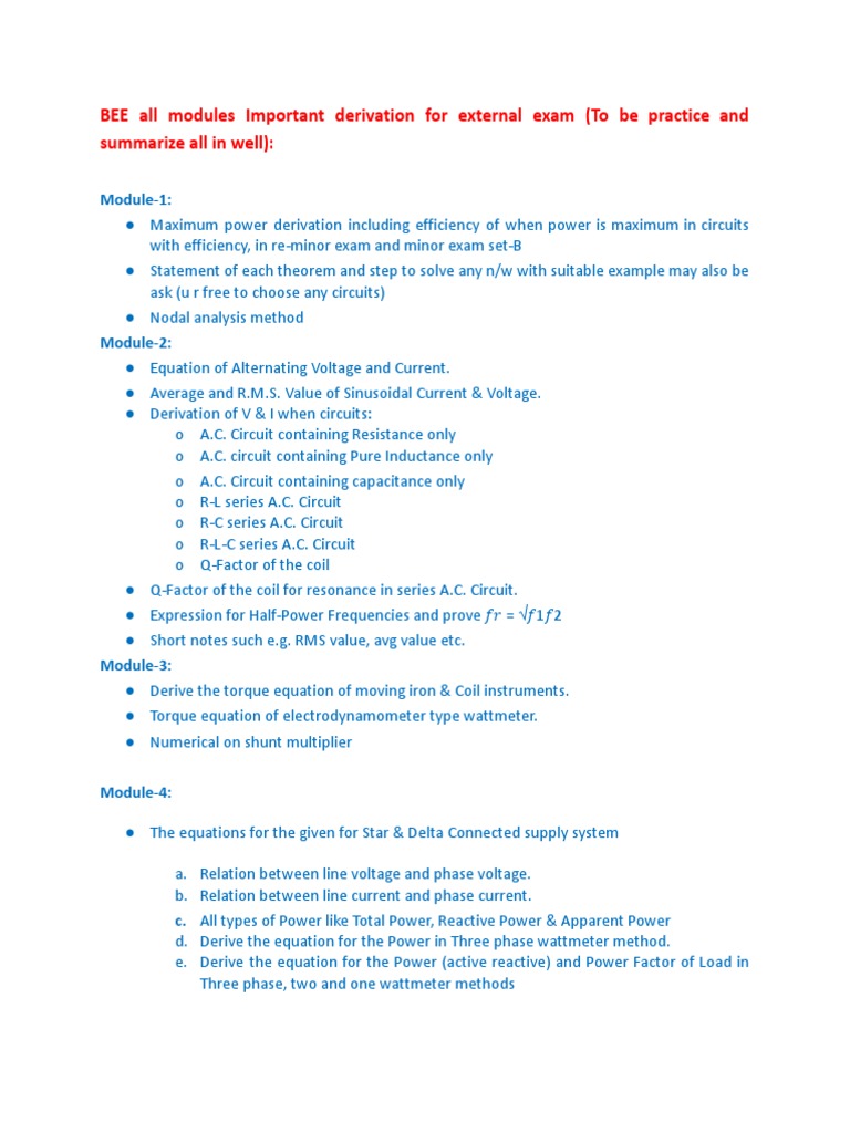 BEE All Modules Important Derivation For External Exam | PDF