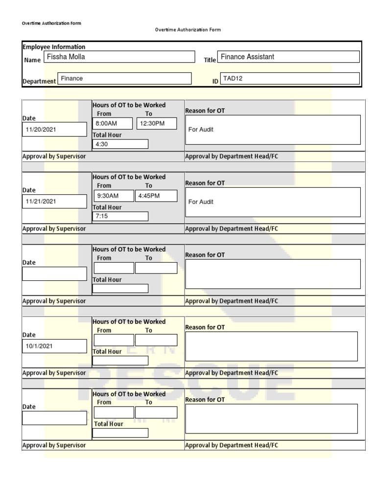 Overtime Authorization OT Form | PDF