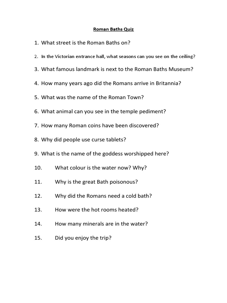 Roman Baths Quiz Questions & Answers | PDF | Social Science