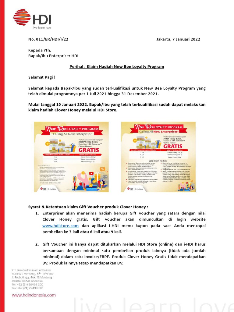 Surat Informasi Klaim Clover Honey Bee Loyalty Program | PDF | Bisnis