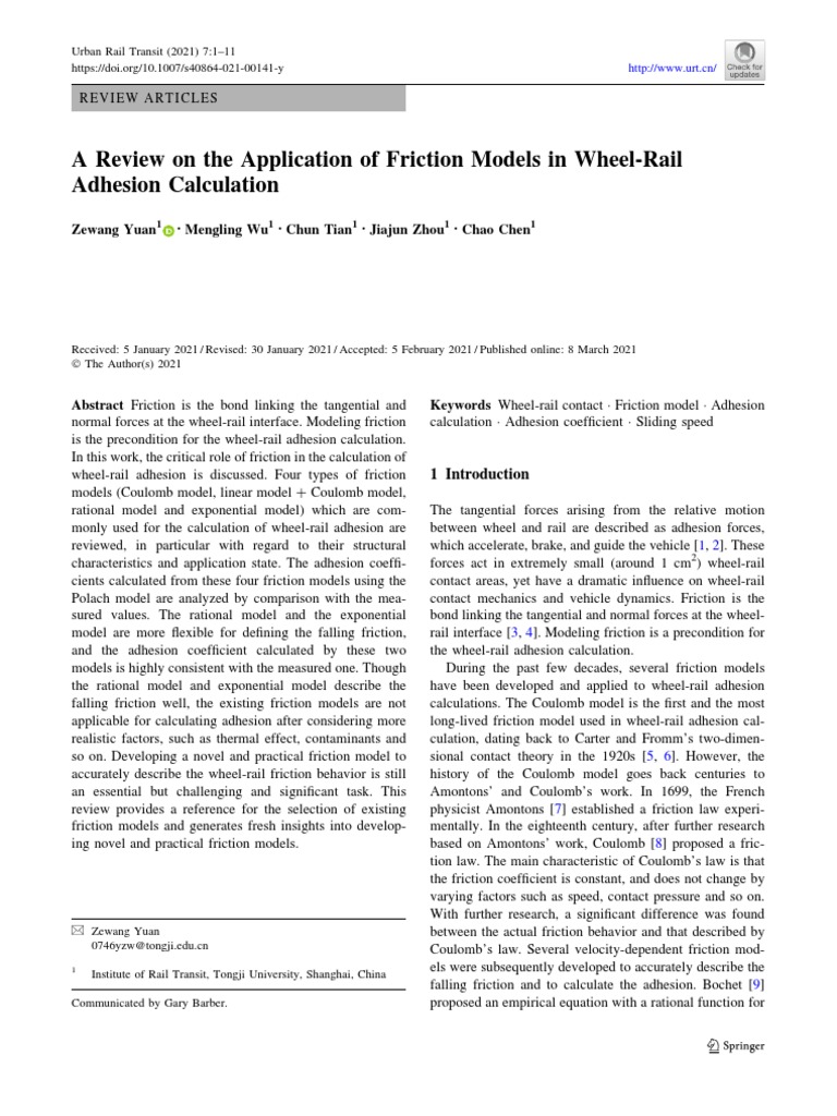 A Review On The Application of Friction Models in Wheel-Rail Adhesion ...