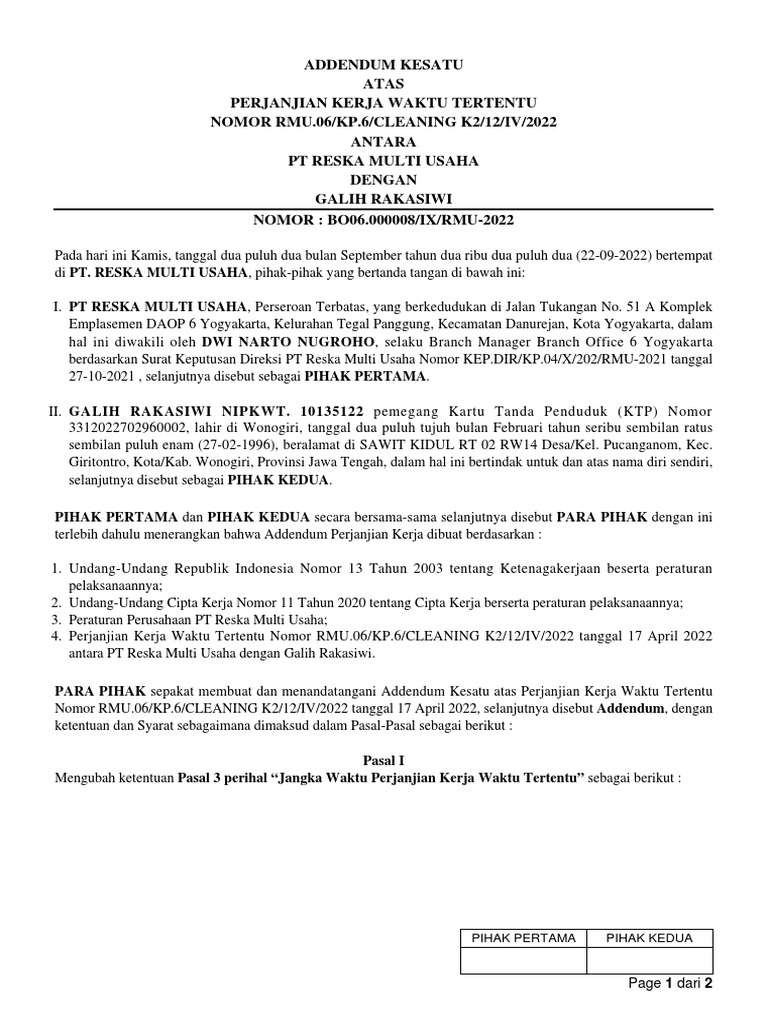Addendum Perjanjian Kerja PT Reska | PDF