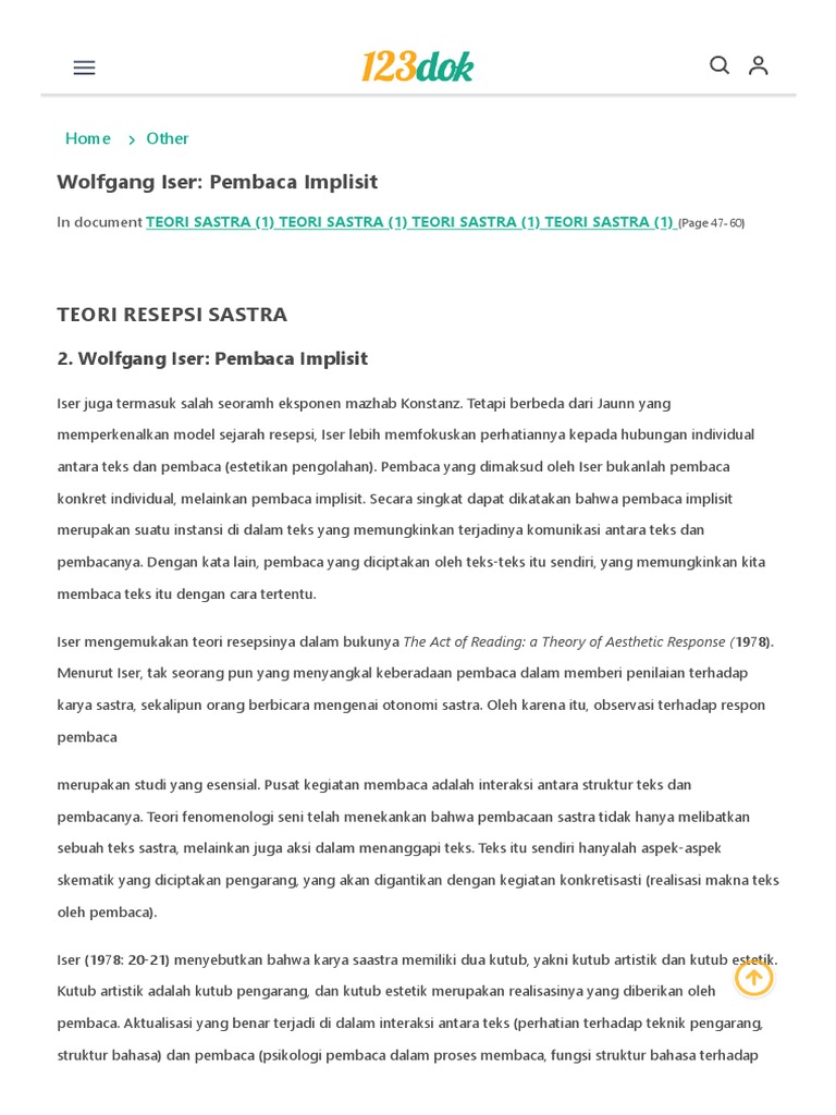 (Harus Baca) Wolfgang Iser - Pembaca Implisit - TEORI RESEPSI SASTRA | PDF