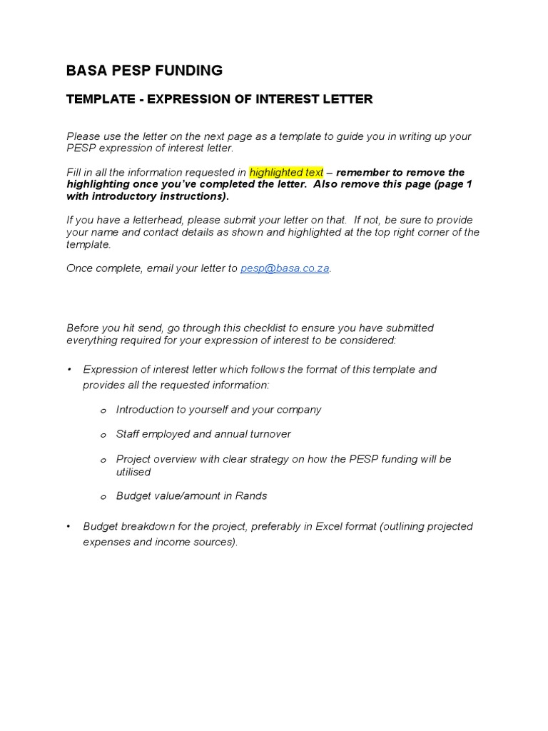 BASA PESP Expression of Interest Letter Template | Download Free PDF ...