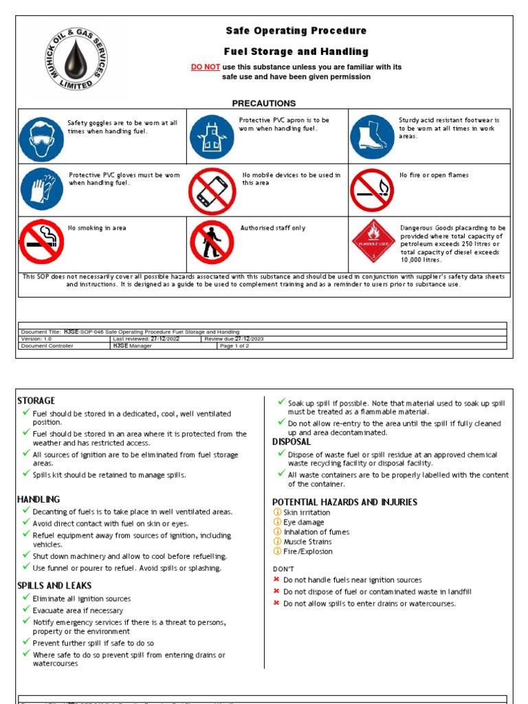 WHS-SOP-046 Fuel Storage and Handling 2022 | PDF | Waste | Dangerous Goods