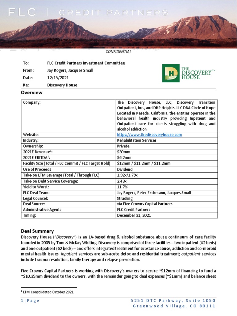 Discovery House - IC Memo - v1 | PDF | Loans | Drug Rehabilitation