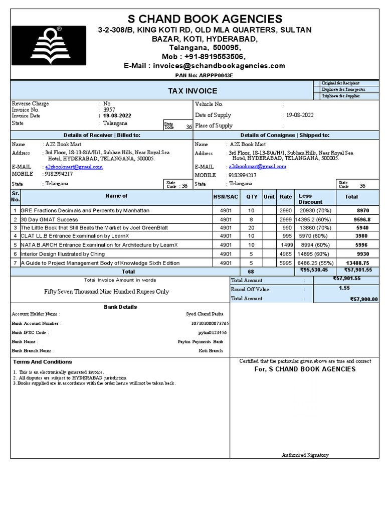 A2Z Book Mart Invoice No 3957 | PDF | Money | Payments