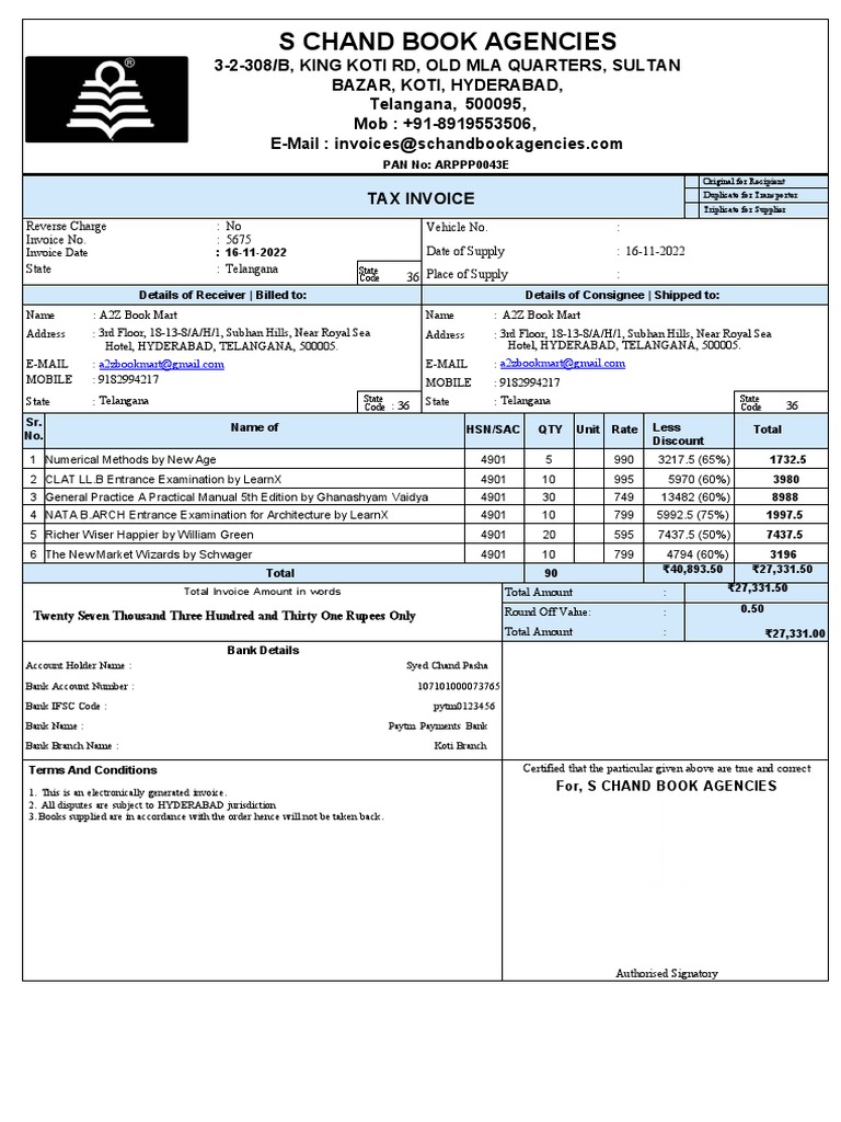 A2Z Book Mart Invoice No 5675 | PDF | Invoice | Payments