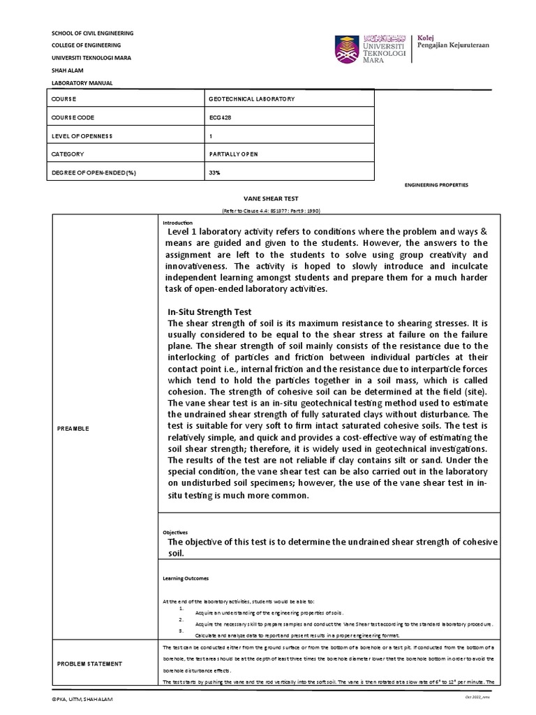 Vane Shear Test Laboratory Manual | PDF | Geotechnical Engineering ...