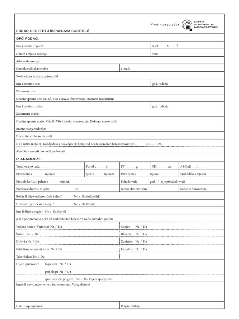 Upitnik Za Roditelje | PDF