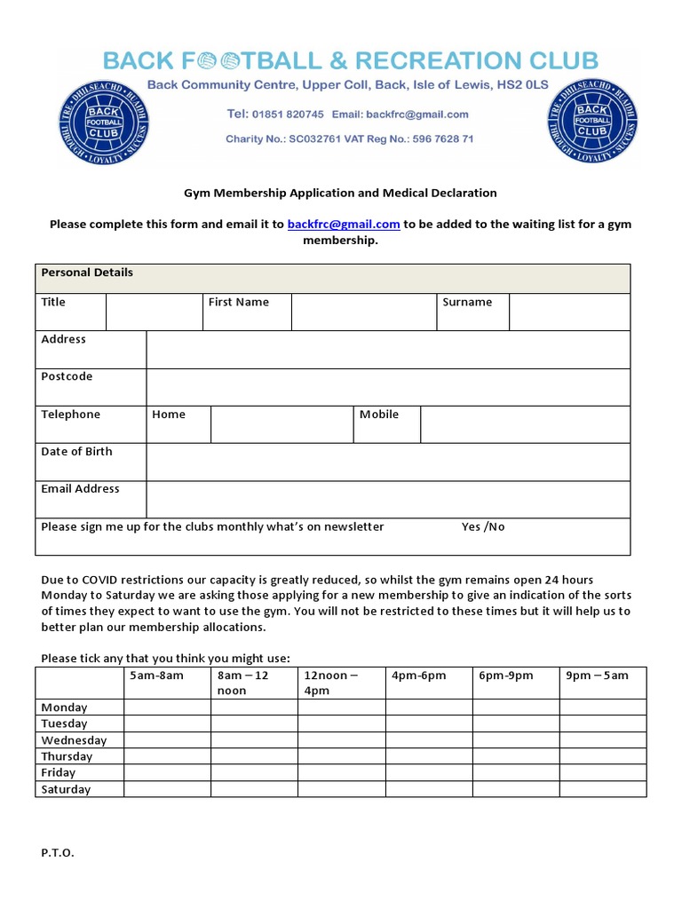 NEW Gym Membership Application | PDF