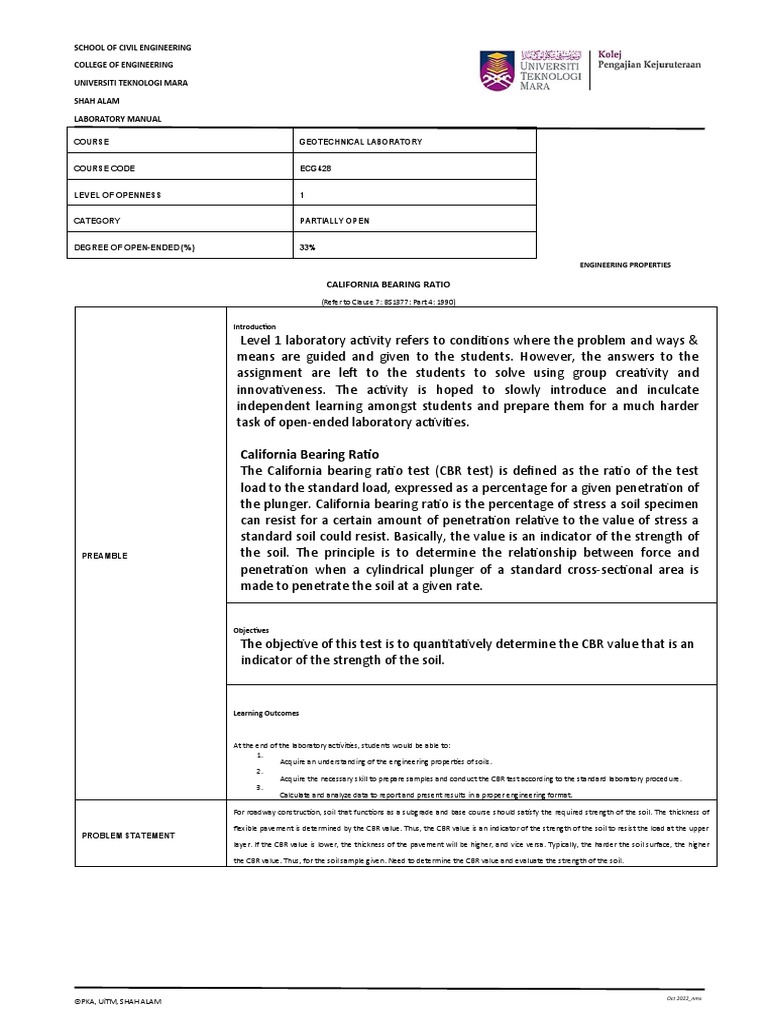 Lab 11 CBR - Level 1 - Manual & Report | PDF | Laboratories | Soil