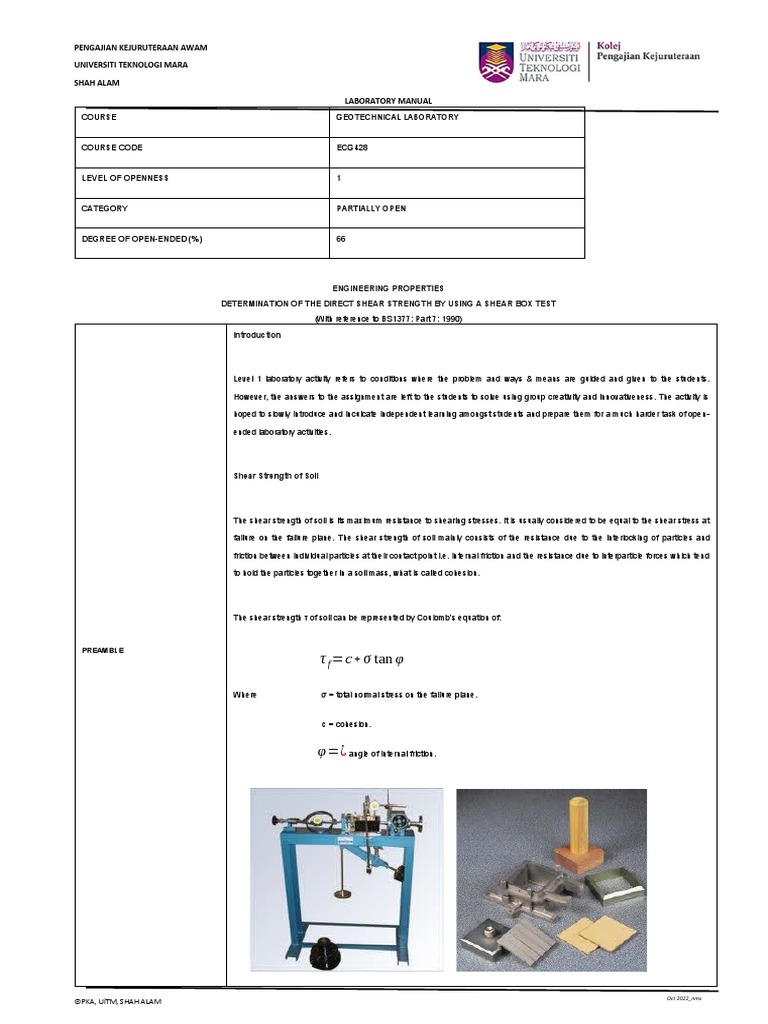 LAB 8 - Direct Shear Box Test - LEVEL 1 - Manual & Template | PDF ...