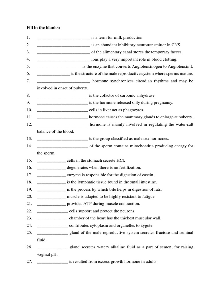 Fill in the Blanks: Human Biology Concepts | PDF | Human Body | Stomach