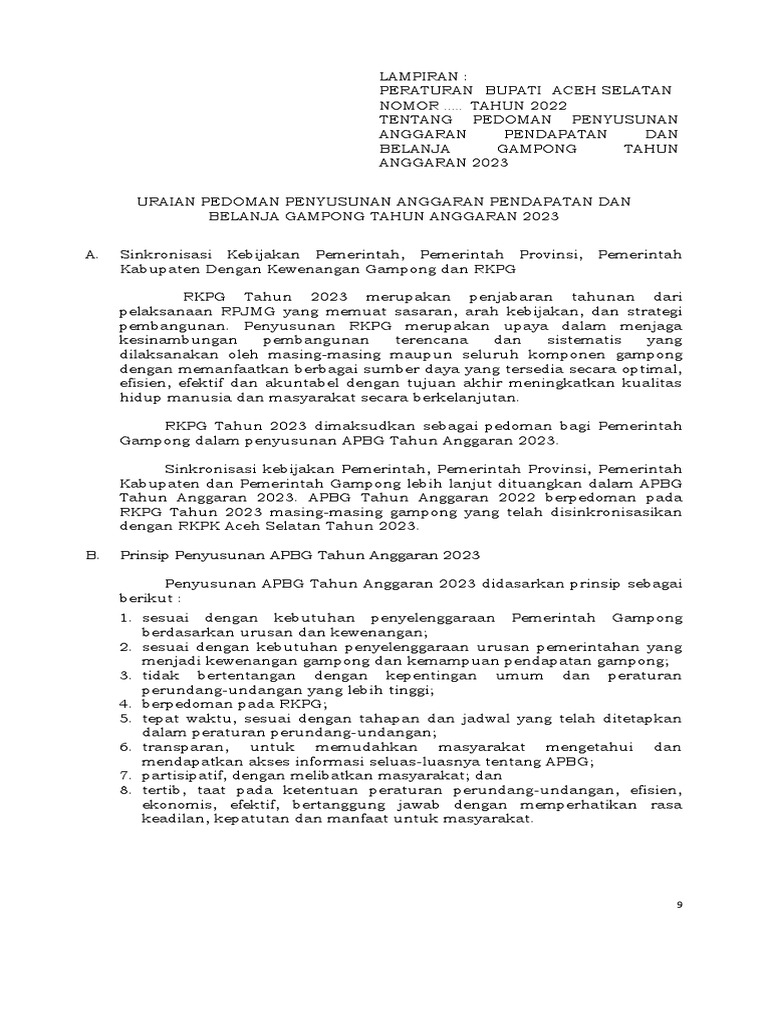 Lampiran - Draft Perbub Tentang Pedoman Penyusunan APBG TA. 2023 (Edit 16 Des 2022) | PDF