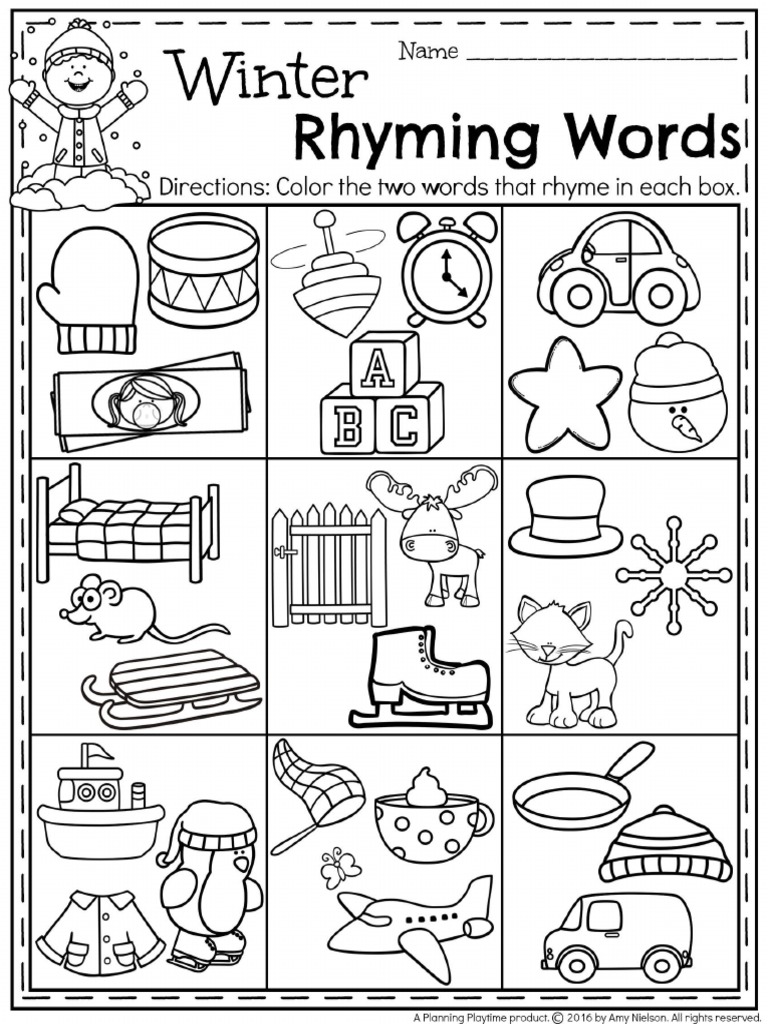 FREE Preschool Rhyming Words Winter Worksheet | PDF