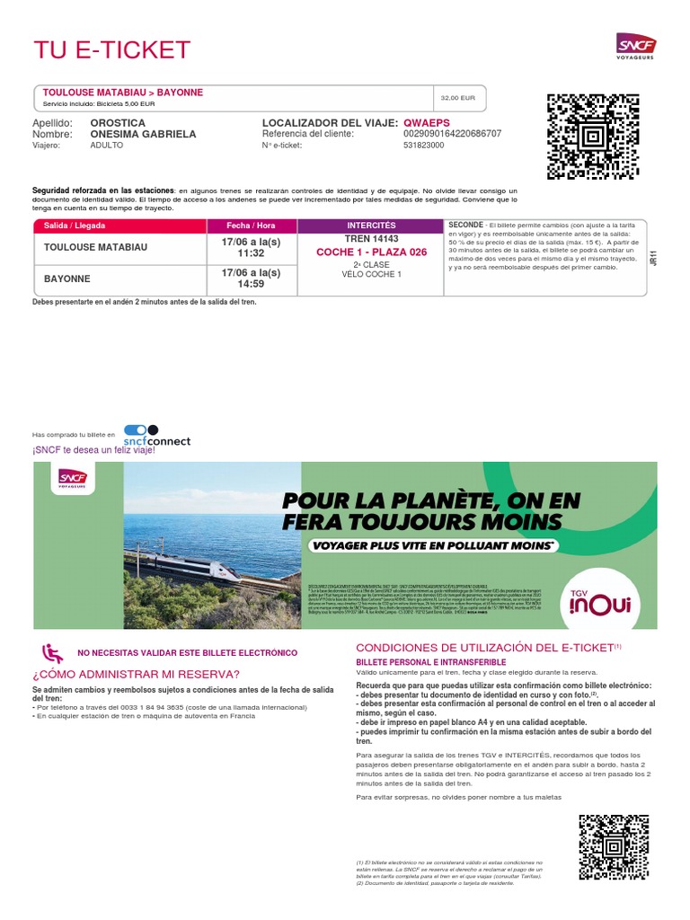 Condiciones y Uso del E-Ticket SNCF | PDF | Transporte