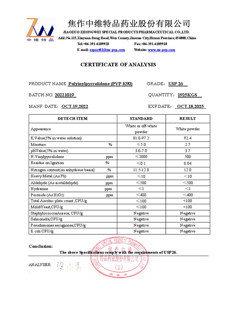 Coa Polivinilpirrolidona K-90 (PVP K-90) Lote 20221019 | Download Free ...