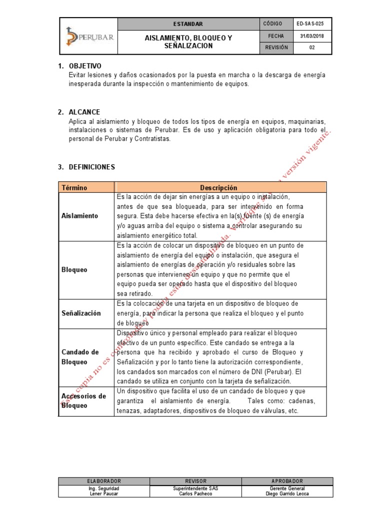 ED-SAS-025 Estandar de Aislamiento Bloqueo y Señalización - Rev.02 | PDF | Ingenieria Eléctrica ...