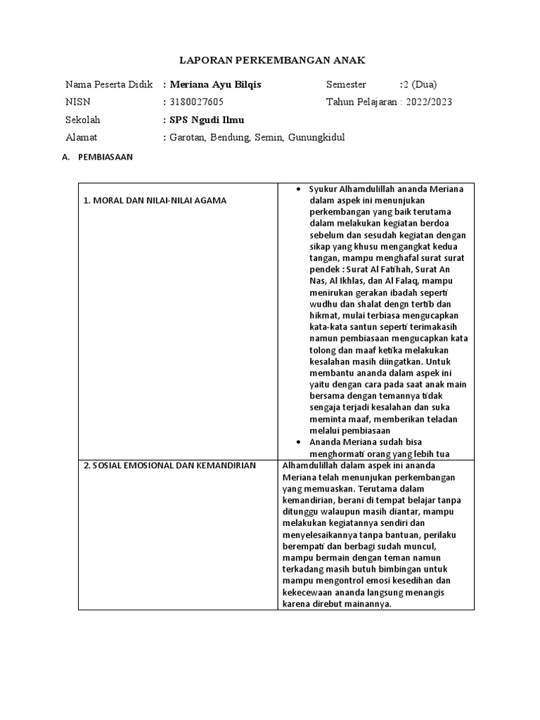 Laporan Perkembangan Anak | PDF