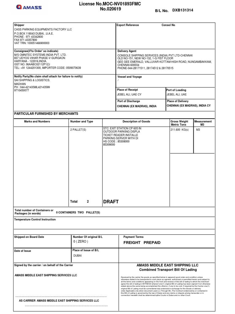 BL - DXB131314 | PDF | Bill Of Lading | Cargo