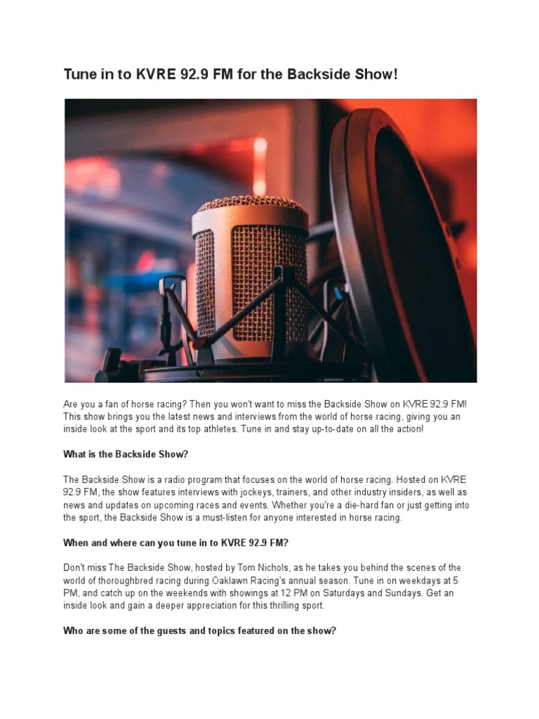 Tune in To KVRE 92.9 FM For The Backside Show! | PDF | Social Media | Popular Culture & Media ...