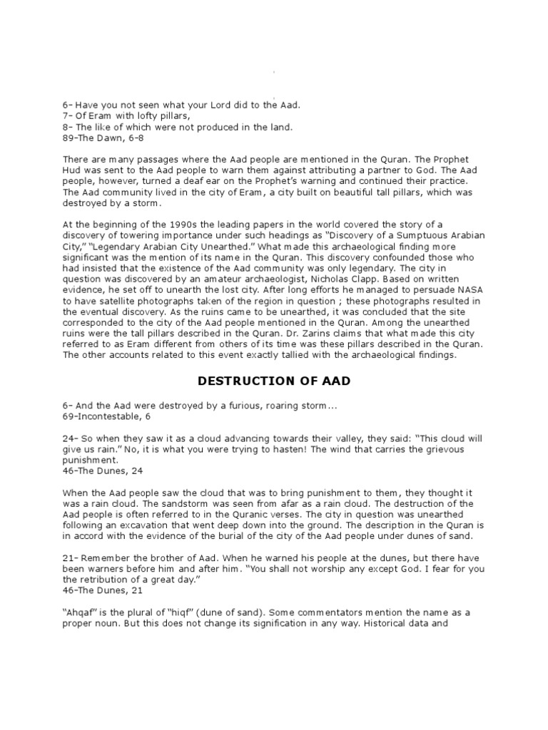 The Aad People and The City of Eram | PDF | Quran | Islam