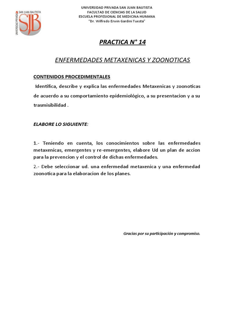 Practica 14 - Enfermedades Metaxenicas y Zoonoticas | PDF