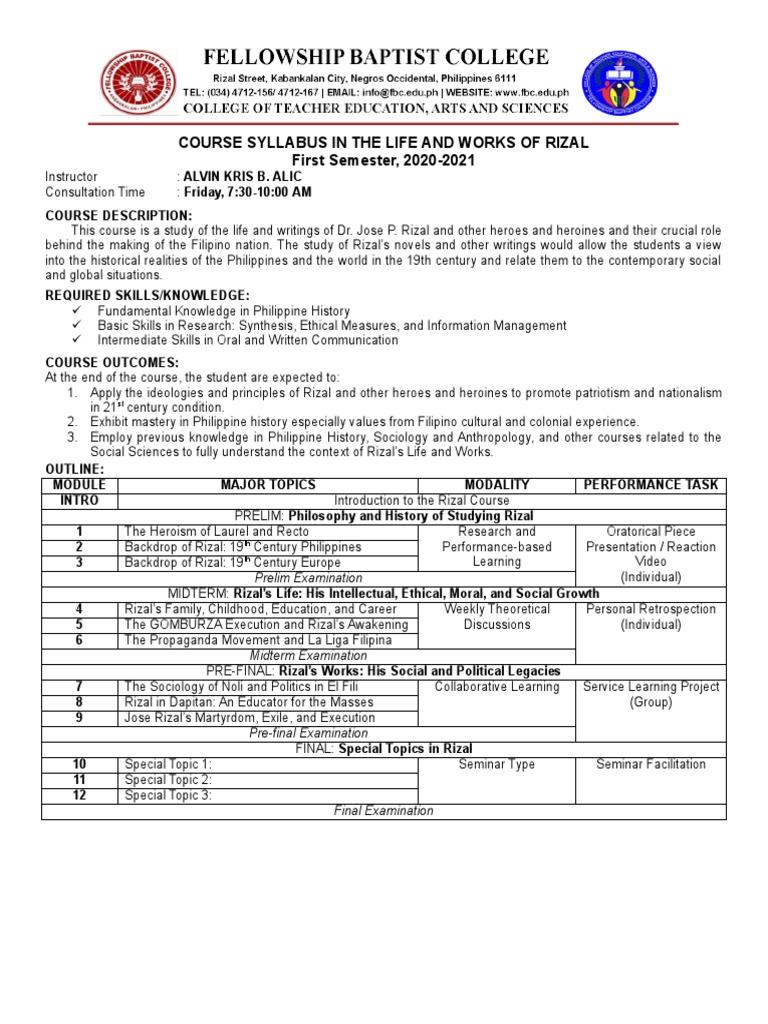 Course Outline in Life and Works of Rizal | PDF | Hero | Learning