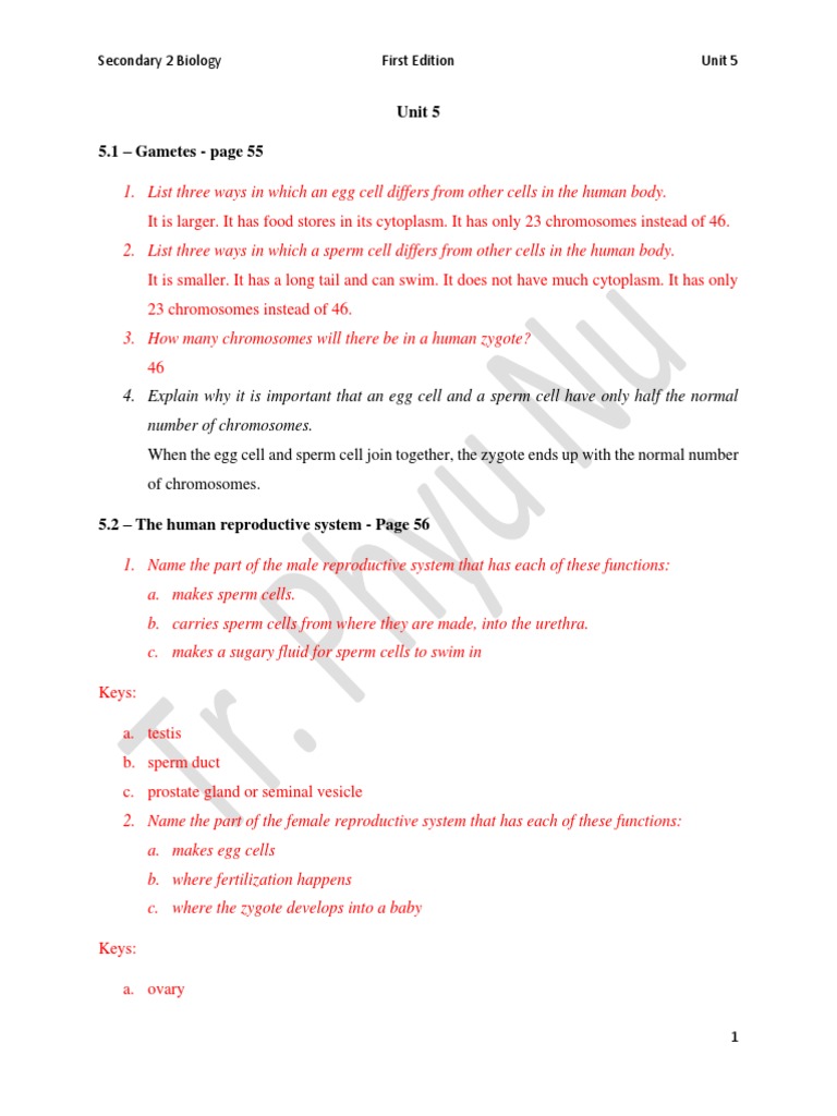 S 2 Unit 5 Course Book, Work Book Ques and Keys | PDF | Fertilisation | Reproductive System