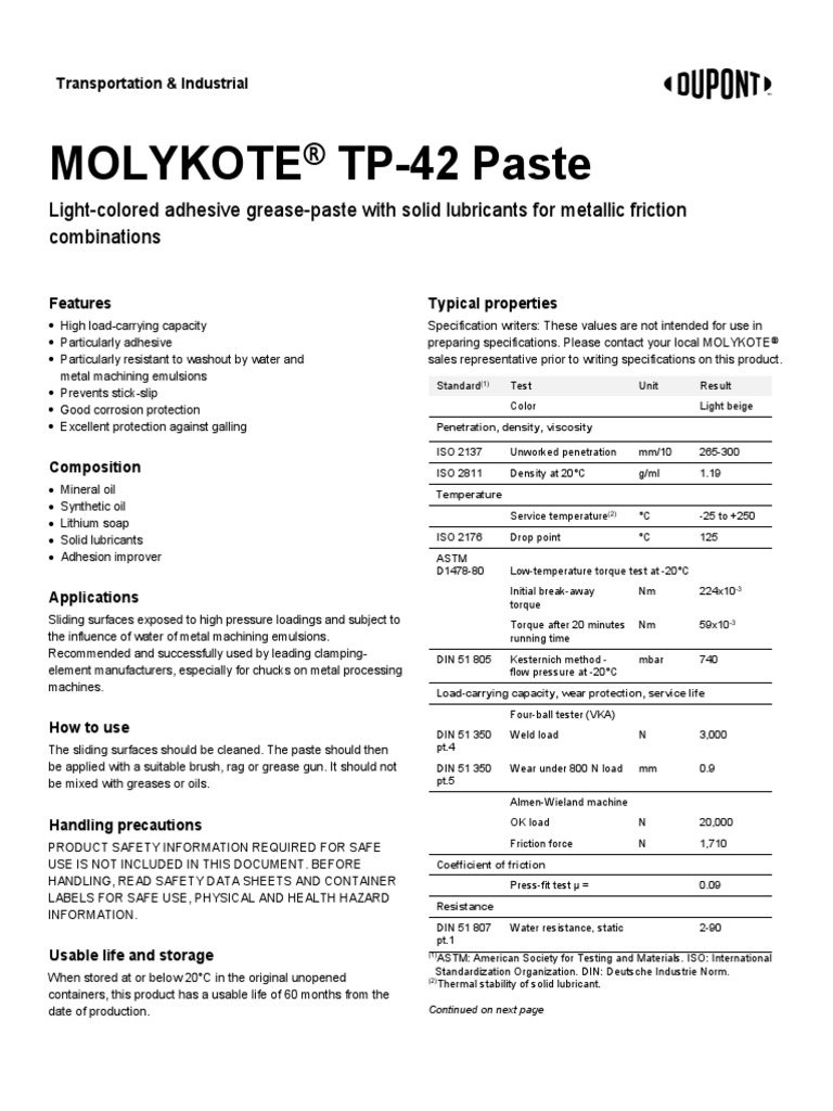 528hoja-tecnica-MOLYKOTE® TP-42 | PDF | Lubricant | Materials Science 528hoja-tecnica-MOLYKOTE® TP-42 | PDF | Lubricant | Materials Science