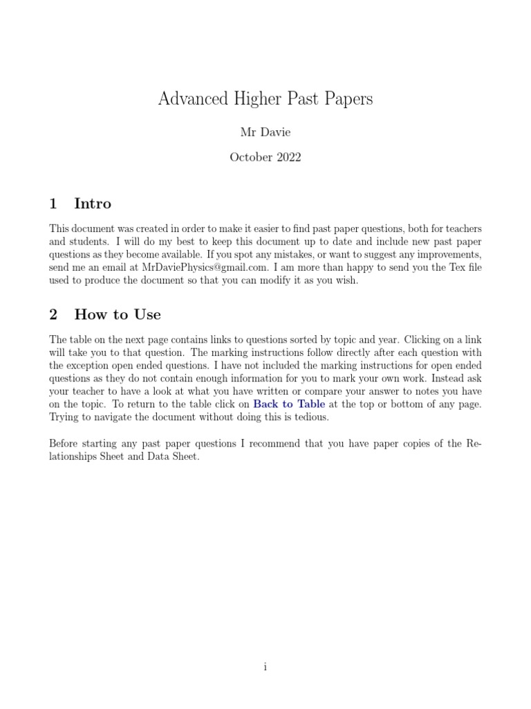 Advanced Higher Past Papers by Topic | PDF | Electron | Physical Quantities