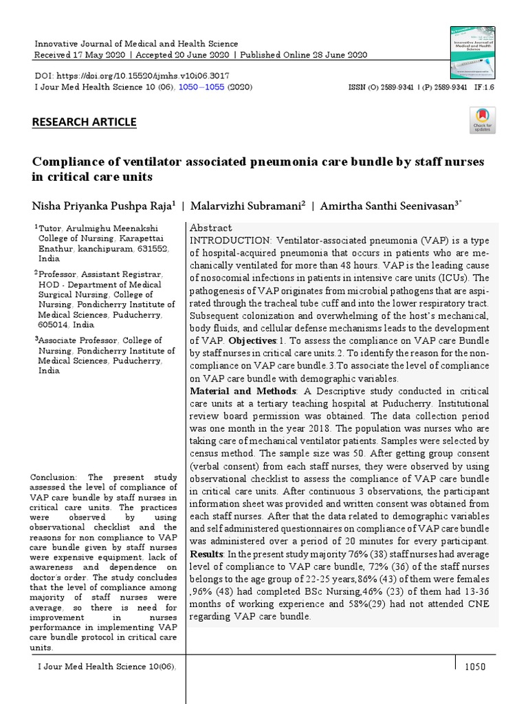 Compliance of Ventilator Associated Pneumonia Care Bundle by Staff ...