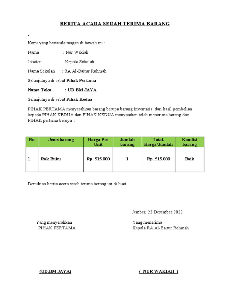 BERITA ACARA SERAH TERIMA BARANG | PDF