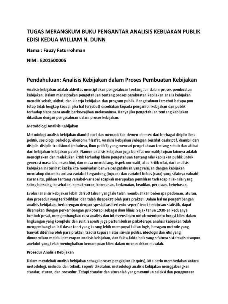 Tugas Merangkum Buku Pengantar Analisis Kebijakan Publik Edisi Kedua William N | PDF