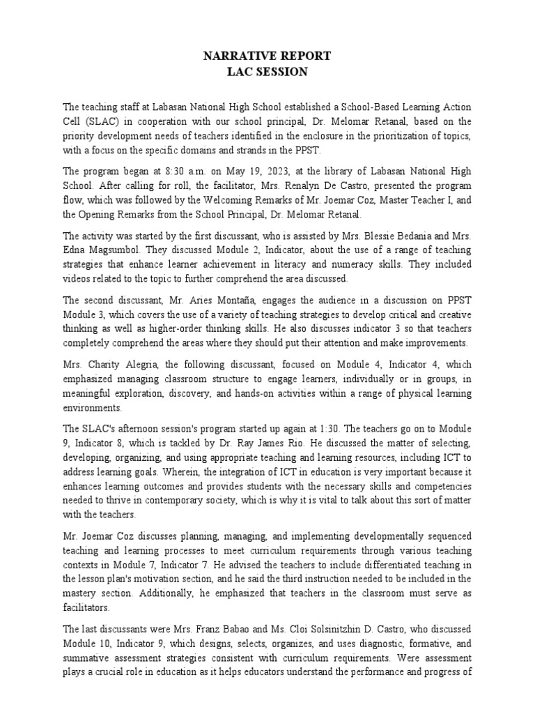 LAC Narrative Report | Download Free PDF | Teachers | Educational ...