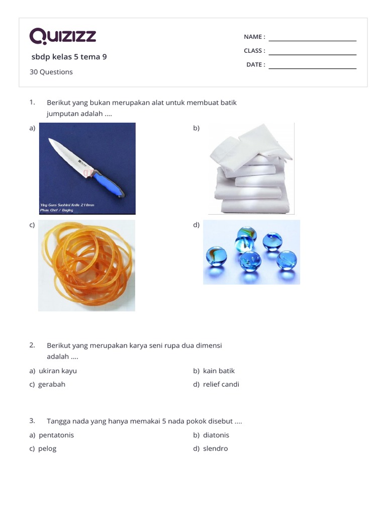SBDP Kelas 5 Tema 9 - Print - Quizizz | PDF | Seni