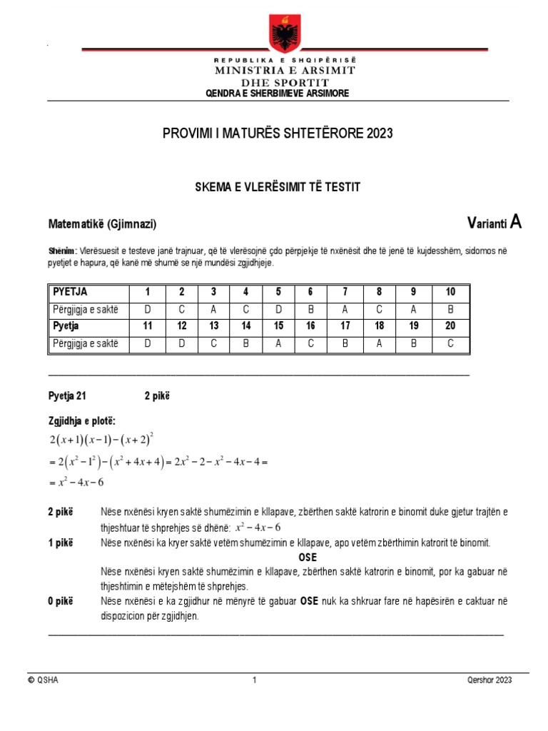 Skema e vleresimit_D2 gjimnaz_Varianti A | PDF