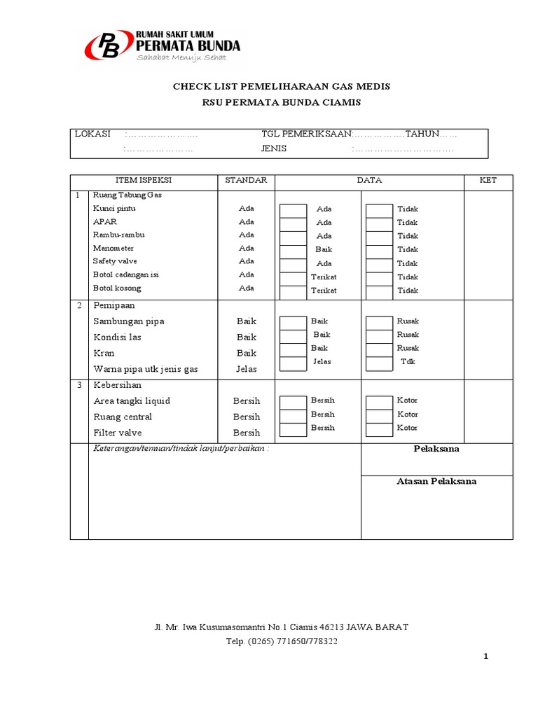 Ceklist Pemeliharaan Gas Medis | PDF