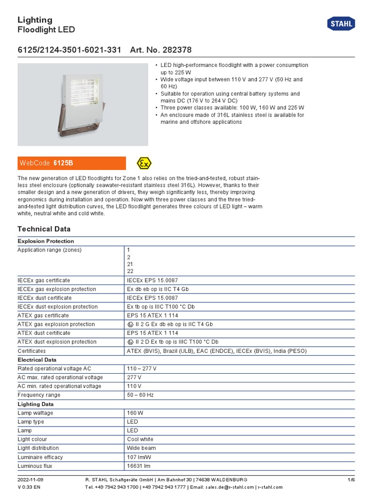 Ex Single Data Sheet Floodlight Led 6125 2124 3501 6021 331 282378 en GB Rstahl | PDF ...