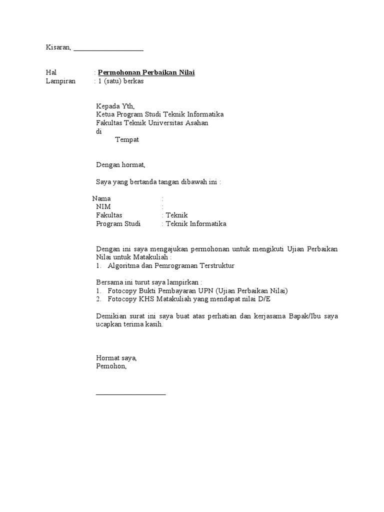 Surat Permohonan Perbaikan Nilai Ke Prodi | PDF