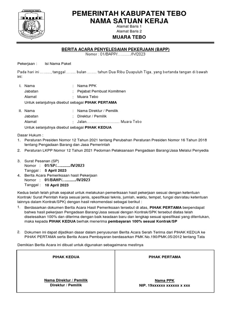 Berita Acara Penyelesaian Pekerjaan (Bapp) | PDF
