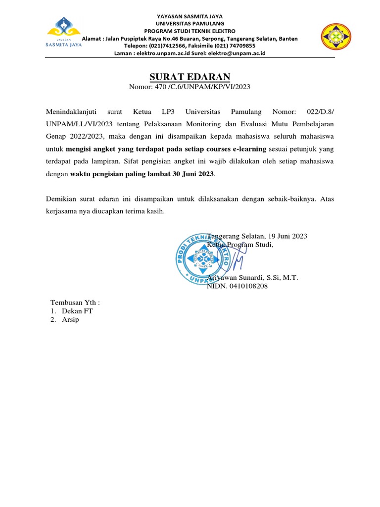 Surat Edaran Pengisian Kuesioner Genap 2022 - 2023 | PDF