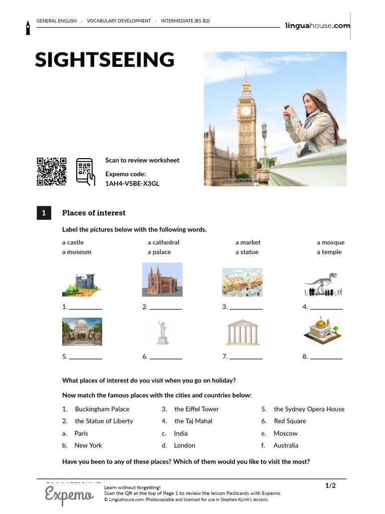 Intermediate English: Sightseeing Vocabulary | PDF | Tourism | Syntax