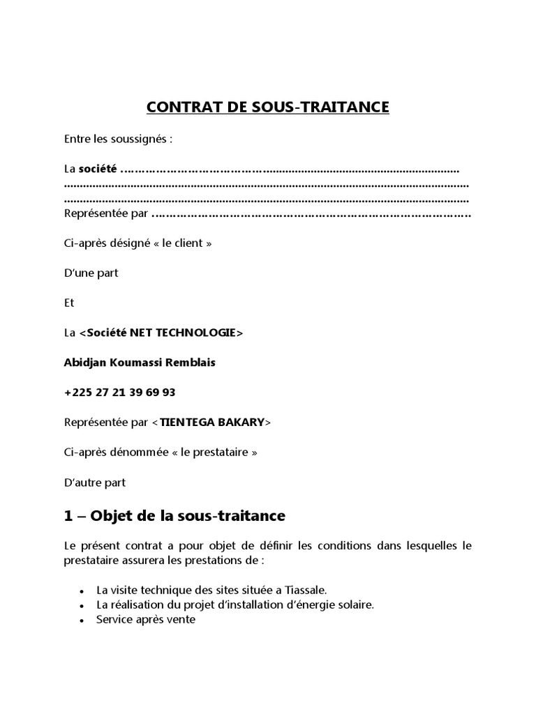 Contrat de Sous-Traitance | PDF | Finance et gestion monétaire