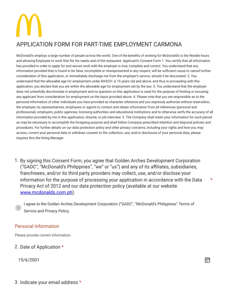Application Form For Part-Time Employment Carmona | PDF | Employment ...