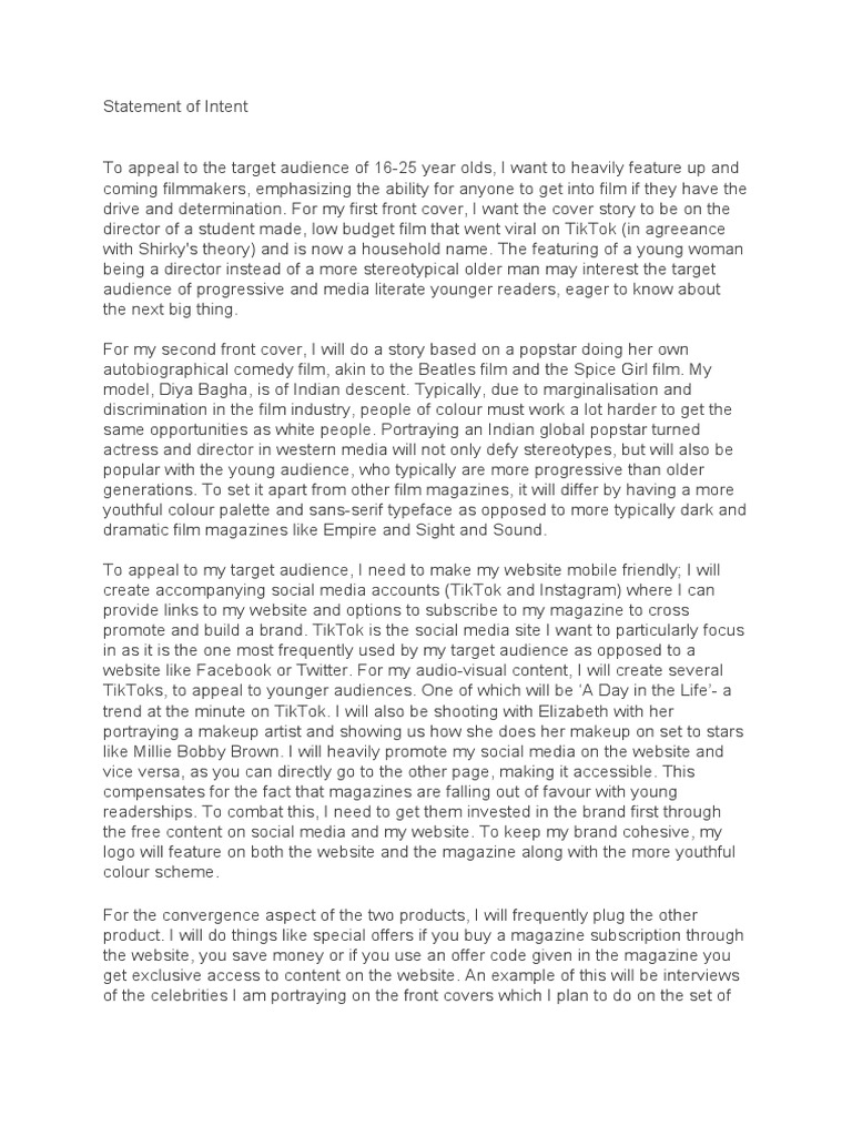 Statement of Intent | PDF | Social Media | Popular Culture & Media Studies