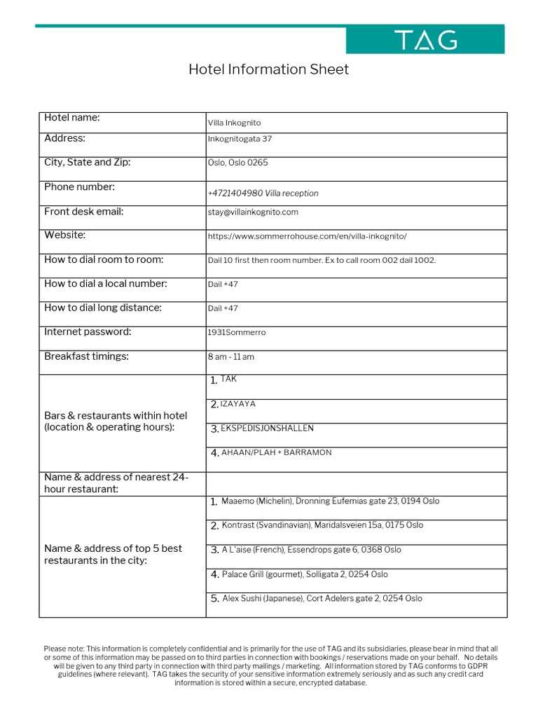 Hotel Information Sheet | PDF
